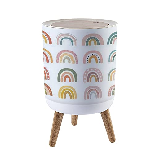 KCDCYCZEAL Small Trash Can with Lid Boho Scandinavian Nursery Rainbow Cute Colorful White Round Recycle Bin Press Top Dog Proof Wastebasket for Kitchen Bathroom Bedroom Office 7L/1.8 Gallon