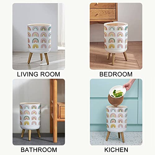 KCDCYCZEAL Small Trash Can with Lid Boho Scandinavian Nursery Rainbow Cute Colorful White Round Recycle Bin Press Top Dog Proof Wastebasket for Kitchen Bathroom Bedroom Office 7L/1.8 Gallon