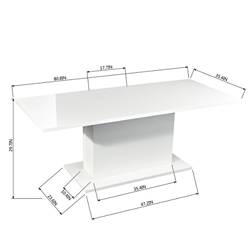 HOMY CASA Extensible Dining Table White Expandable Dinner Table with Glossy Top for Kitchen Dining Room Restaurant Office, Modern Minimalist Style Meeting Table for 4-8 Person(ONLY Table)