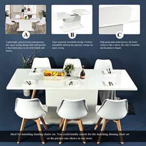 HOMY CASA Extensible Dining Table White Expandable Dinner Table with Glossy Top for Kitchen Dining Room Restaurant Office, Modern Minimalist Style Meeting Table for 4-8 Person(ONLY Table)