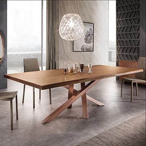 KWOKING Pine Solid Wood Top Dining Table Modern | Contemporary Pedestal Metallic Base Rectangle Table for Home Natural 55" L x 27.5" W x 29.5" H