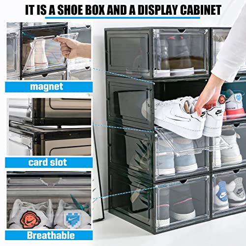 Sturdy Durable Plastic Shoe Organizer, Shoe Box with Magnetic Door, 6 Pack Shoe Organizer for Sneaker Storage, Shoe Boxes Clear Plastic Stackable for Closet, Shoe Containers, Shoe Display Case, White