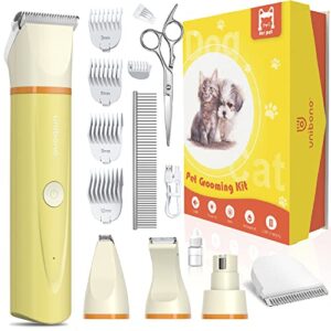 unibono small dog cat grooming kit, all-in-one low noise paw trimmer electric puppy hair clippers rechargeable cordless ipx7 waterproof claw trimmer shaver nail grinder for small to medium pet