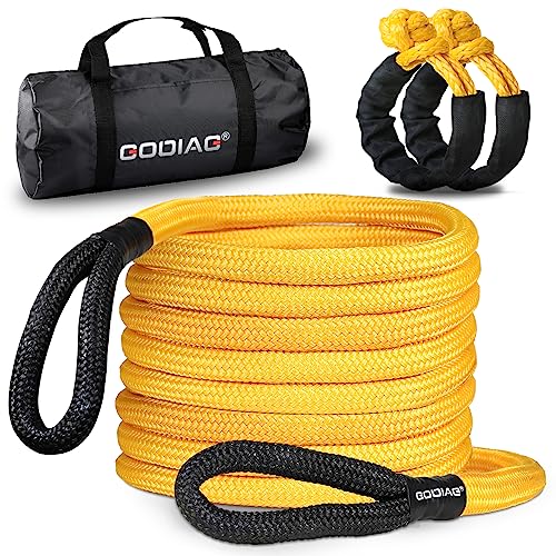 GODIAG 1"×20ft Kinetic Recovery Rope (33000lbs) Heavy Duty Energy Tow Rope with 2 Soft Shackles, Offroad Power Stretch Snatch Rope for Truck Jeep Car ATV UTV Tractor