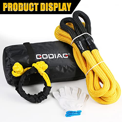 GODIAG 1"×20ft Kinetic Recovery Rope (33000lbs) Heavy Duty Energy Tow Rope with 2 Soft Shackles, Offroad Power Stretch Snatch Rope for Truck Jeep Car ATV UTV Tractor