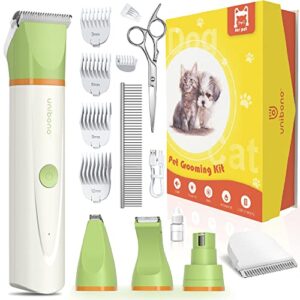 unibono dog cat grooming kit, all-in-one low small noise paw trimmer electric puppy hair clippers rechargeable cordless ipx7 waterproof claw trimmer shaver nail grinder for small to medium pet