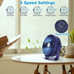 efluky Small Desk Fan, 5 Speeds USB Rechargeable Fan Built-in 3200mAh Battery, 360° Adjustment Portable Mini Fan Surtable for Home, Office, Travel, Camping, 5.7'' Navy