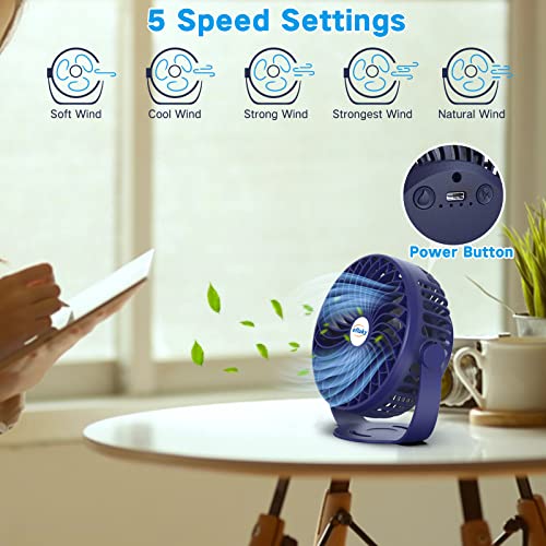 efluky Small Desk Fan, 5 Speeds USB Rechargeable Fan Built-in 3200mAh Battery, 360° Adjustment Portable Mini Fan Surtable for Home, Office, Travel, Camping, 5.7'' Navy