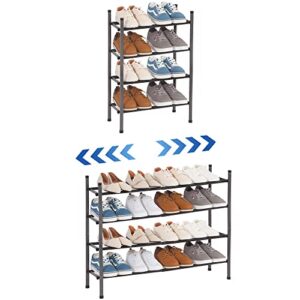 storage maniac expandable shoe rack, stackable shoe rack for closet, small shoe rack organizer for entryway, adjustable shoe rack for garage, shoe rack for front door, metal shoe rack, black 4 tier