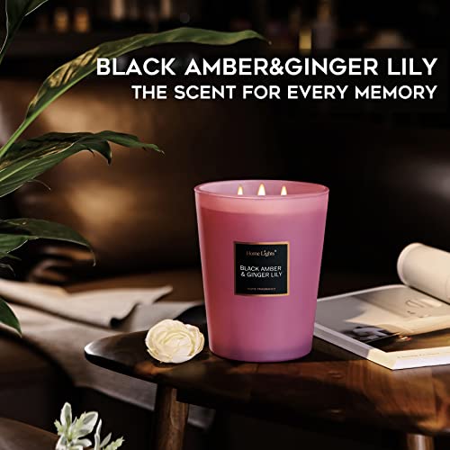 HomeLights Highly Scented Candles, Big 33.3 oz for Home, Natural Soy Aromatherapy Candles, Smokeless Long Lasting 130 hrs with 3 Cotton Wicks, Candles Gifts for Women & Men - Black Amber & Ginger Lily