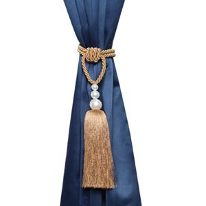 MALOINTEX 2 Pack Curtain Hand-Woven Tiebacks Pearl Holdbacks Home Decorative Tassels - Gold