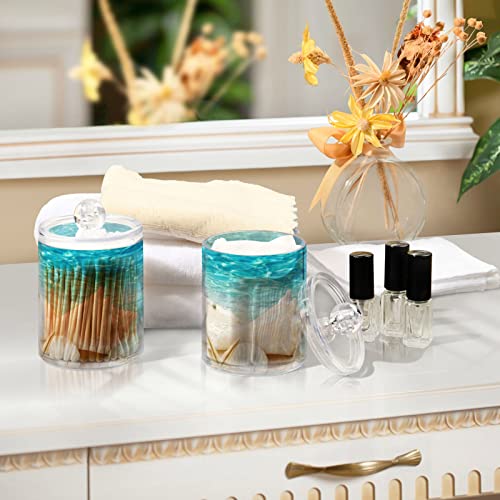 YYZZH Beach Starfish Seashell Ocean Sky Tropical Summer 2 Pack Qtip Holder Dispenser for Cotton Swab Ball Round Pads Floss 10 Oz Apothecary Jar Set for Bathroom Canister Storage Makeup Organizer