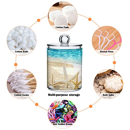 YYZZH Beach Starfish Seashell Ocean Sky Tropical Summer 2 Pack Qtip Holder Dispenser for Cotton Swab Ball Round Pads Floss 10 Oz Apothecary Jar Set for Bathroom Canister Storage Makeup Organizer