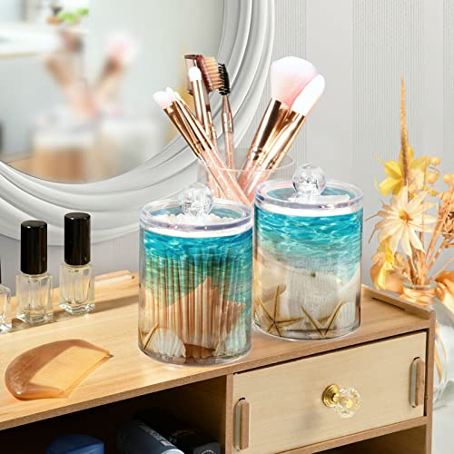 YYZZH Beach Starfish Seashell Ocean Sky Tropical Summer 2 Pack Qtip Holder Dispenser for Cotton Swab Ball Round Pads Floss 10 Oz Apothecary Jar Set for Bathroom Canister Storage Makeup Organizer