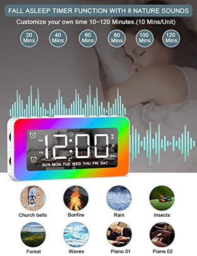 Umedo Alarm Clock for Bedrooms Dual Alarm Clocks 8 RGB Night Lights, 3 Mode Mirror Clock, USB Port, 8 White Noise, 7 Wake-Up Sounds, 16 Level Volume, 0%-100% Dimmable, Bedside Clock for Kids & Adult