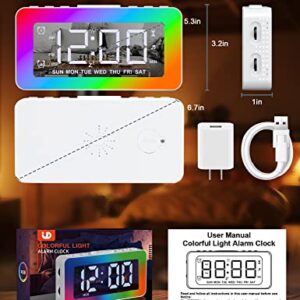 Umedo Alarm Clock for Bedrooms Dual Alarm Clocks 8 RGB Night Lights, 3 Mode Mirror Clock, USB Port, 8 White Noise, 7 Wake-Up Sounds, 16 Level Volume, 0%-100% Dimmable, Bedside Clock for Kids & Adult