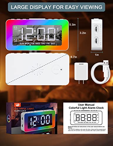 Umedo Alarm Clock for Bedrooms Dual Alarm Clocks 8 RGB Night Lights, 3 Mode Mirror Clock, USB Port, 8 White Noise, 7 Wake-Up Sounds, 16 Level Volume, 0%-100% Dimmable, Bedside Clock for Kids & Adult