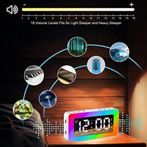 Umedo Alarm Clock for Bedrooms Dual Alarm Clocks 8 RGB Night Lights, 3 Mode Mirror Clock, USB Port, 8 White Noise, 7 Wake-Up Sounds, 16 Level Volume, 0%-100% Dimmable, Bedside Clock for Kids & Adult