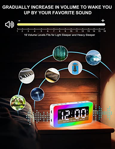 Umedo Alarm Clock for Bedrooms Dual Alarm Clocks 8 RGB Night Lights, 3 Mode Mirror Clock, USB Port, 8 White Noise, 7 Wake-Up Sounds, 16 Level Volume, 0%-100% Dimmable, Bedside Clock for Kids & Adult