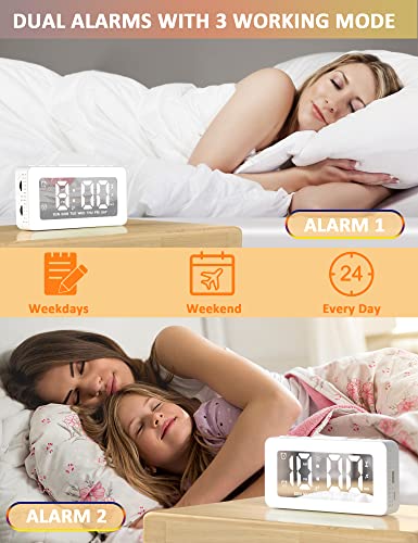 Umedo Alarm Clock for Bedrooms Dual Alarm Clocks 8 RGB Night Lights, 3 Mode Mirror Clock, USB Port, 8 White Noise, 7 Wake-Up Sounds, 16 Level Volume, 0%-100% Dimmable, Bedside Clock for Kids & Adult