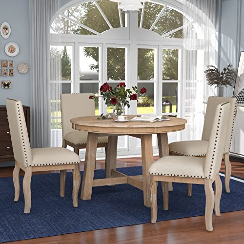 Merax Round Dining Table Set with 4 Chairs for 4-6 Persons Extendable 5 Piece Kitchen Dining Set Rustic Solid Wood Dining Table, Natural Wood Wash