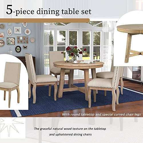 Merax Round Dining Table Set with 4 Chairs for 4-6 Persons Extendable 5 Piece Kitchen Dining Set Rustic Solid Wood Dining Table, Natural Wood Wash