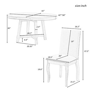 Merax Round Dining Table Set with 4 Chairs for 4-6 Persons Extendable 5 Piece Kitchen Dining Set Rustic Solid Wood Dining Table, Natural Wood Wash