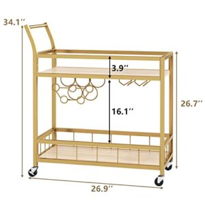 Furmax Home Industrial Serving Mobile Bar Cart on Wheels with Wine Rack and Glass Holder 2 Wood Storage Shelves for Living Room, Kitchen, Party (Gold)