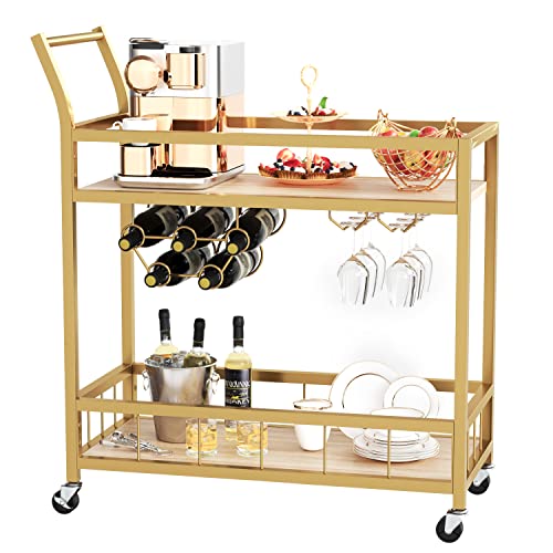 Furmax Home Industrial Serving Mobile Bar Cart on Wheels with Wine Rack and Glass Holder 2 Wood Storage Shelves for Living Room, Kitchen, Party (Gold)