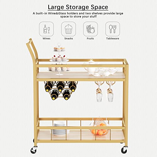 Furmax Home Industrial Serving Mobile Bar Cart on Wheels with Wine Rack and Glass Holder 2 Wood Storage Shelves for Living Room, Kitchen, Party (Gold)