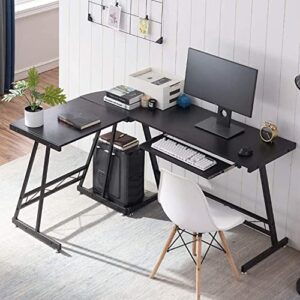 l-shaped computer desk with cpu stand home office gaming desk writing table interchangeable switch board computer workstation pc laptop table with keyboard tray, round corner (jet black)