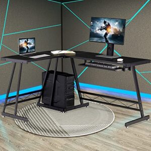 L-Shaped Computer Desk with CPU Stand Home Office Gaming Desk Writing Table Interchangeable Switch Board Computer Workstation PC Laptop Table with Keyboard Tray, Round Corner (Jet Black)