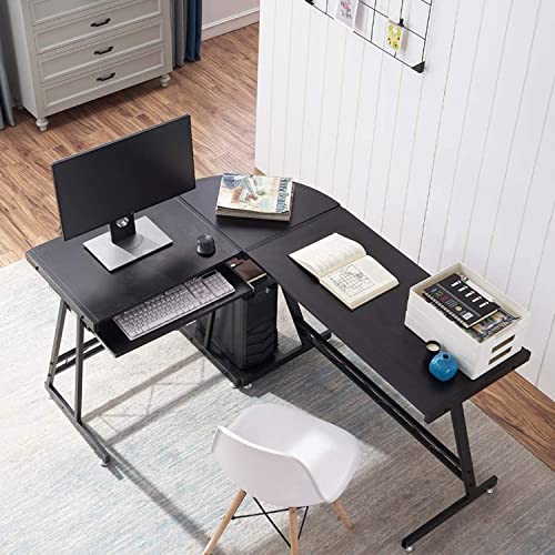 L-Shaped Computer Desk with CPU Stand Home Office Gaming Desk Writing Table Interchangeable Switch Board Computer Workstation PC Laptop Table with Keyboard Tray, Round Corner (Jet Black)