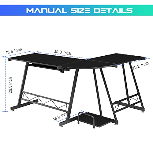 L-Shaped Computer Desk with CPU Stand Home Office Gaming Desk Writing Table Interchangeable Switch Board Computer Workstation PC Laptop Table with Keyboard Tray, Round Corner (Jet Black)