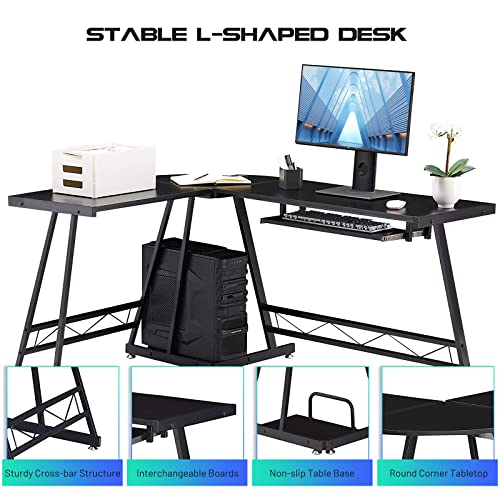 L-Shaped Computer Desk with CPU Stand Home Office Gaming Desk Writing Table Interchangeable Switch Board Computer Workstation PC Laptop Table with Keyboard Tray, Round Corner (Jet Black)