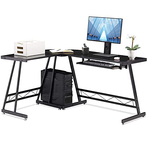 L-Shaped Computer Desk with CPU Stand Home Office Gaming Desk Writing Table Interchangeable Switch Board Computer Workstation PC Laptop Table with Keyboard Tray, Round Corner (Jet Black)