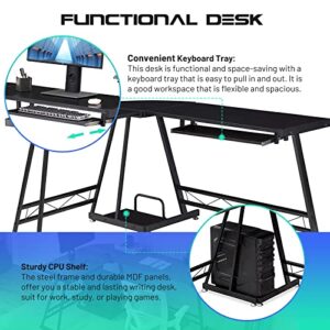 L-Shaped Computer Desk with CPU Stand Home Office Gaming Desk Writing Table Interchangeable Switch Board Computer Workstation PC Laptop Table with Keyboard Tray, Round Corner (Jet Black)