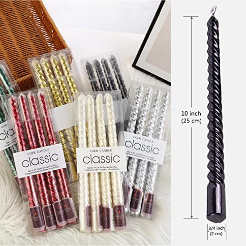 10 inch Black Taper Candles Set of 4,Dripless Long Candle Sticks,8 hrs Clean Burning Unscented Tapered Candles,Glossy Halloween Candles,Candlesticks for Wedding,Dinner