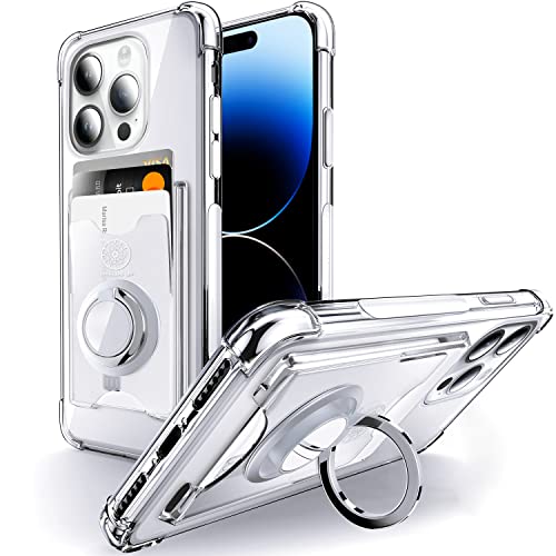 Shields Up Designed for iPhone 14 Pro Max Case, Minimalist Wallet Case with Card Holder (3 Cards) & Ring Kickstand/Stand, [Drop Protection] Slim Protective Cover for iPhone 14 Pro Max 6.7 inch, Clear