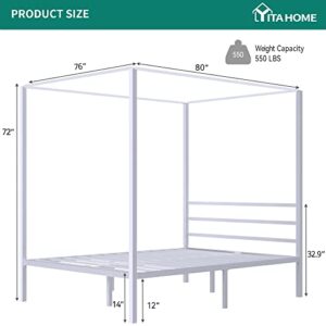 YITAHOME Metal Four Poster Canopy Bed Frame 14 Inch Platform with Built-in Headboard Strong Metal Slat Mattress Support, No Box Spring Needed, White, King Size