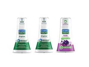 smartmouth package with kids grape burst zinc activated oral rinse - 10 fl oz, grape & original activated mouthwash - 16 fl oz, 2 pack, fresh mint