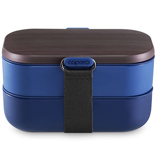 Caperci Modern Bento Box Adult Lunch Box - 2 Layers Stackable Leak-proof Lunch Container for Adults & Older Kids, Original Sealing Strap, Built-in Divider & Utensil Set, BPA Free (Navy Blue)