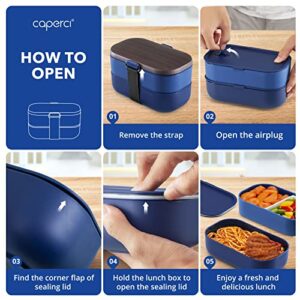 Caperci Modern Bento Box Adult Lunch Box - 2 Layers Stackable Leak-proof Lunch Container for Adults & Older Kids, Original Sealing Strap, Built-in Divider & Utensil Set, BPA Free (Navy Blue)