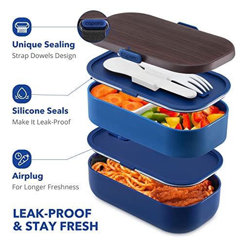 Caperci Modern Bento Box Adult Lunch Box - 2 Layers Stackable Leak-proof Lunch Container for Adults & Older Kids, Original Sealing Strap, Built-in Divider & Utensil Set, BPA Free (Navy Blue)