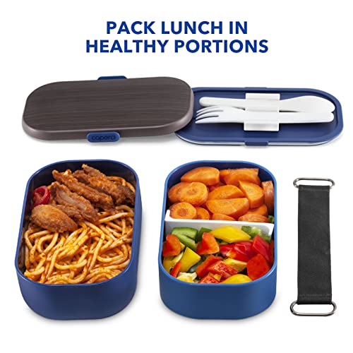 Caperci Modern Bento Box Adult Lunch Box - 2 Layers Stackable Leak-proof Lunch Container for Adults & Older Kids, Original Sealing Strap, Built-in Divider & Utensil Set, BPA Free (Navy Blue)