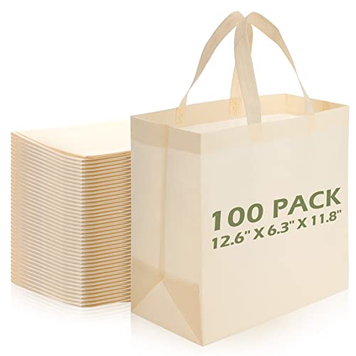 100 Pieces Reusable Totes Bag Set Non Woven Grocery Bag with Handles Fabric Portable Tote Bag Bulk(Beige)