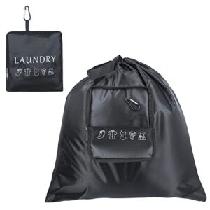 travel laundry bag, foldable laundry bag with zipper and drawstring, lightweight and expandable dirty clothes bag, washable waterproof wet dry bag for travel, camp, fitness, swimming (black)