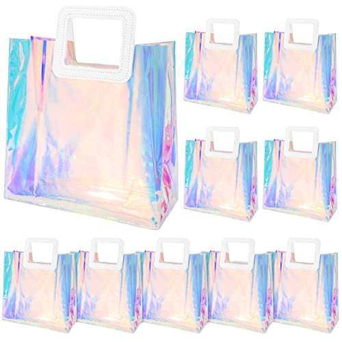 Whaline 10Pcs Clear Holographic Small Gift Bags 7.9 x 7.9 x 4 Inch Iridescent Reusable Tote PVC Handbags Waterproof Gift Wrap Shopping Bags for Holiday Wedding Birthday Baby Shower Party Supplies