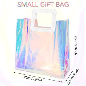 Whaline 10Pcs Clear Holographic Small Gift Bags 7.9 x 7.9 x 4 Inch Iridescent Reusable Tote PVC Handbags Waterproof Gift Wrap Shopping Bags for Holiday Wedding Birthday Baby Shower Party Supplies