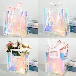 Whaline 10Pcs Clear Holographic Small Gift Bags 7.9 x 7.9 x 4 Inch Iridescent Reusable Tote PVC Handbags Waterproof Gift Wrap Shopping Bags for Holiday Wedding Birthday Baby Shower Party Supplies